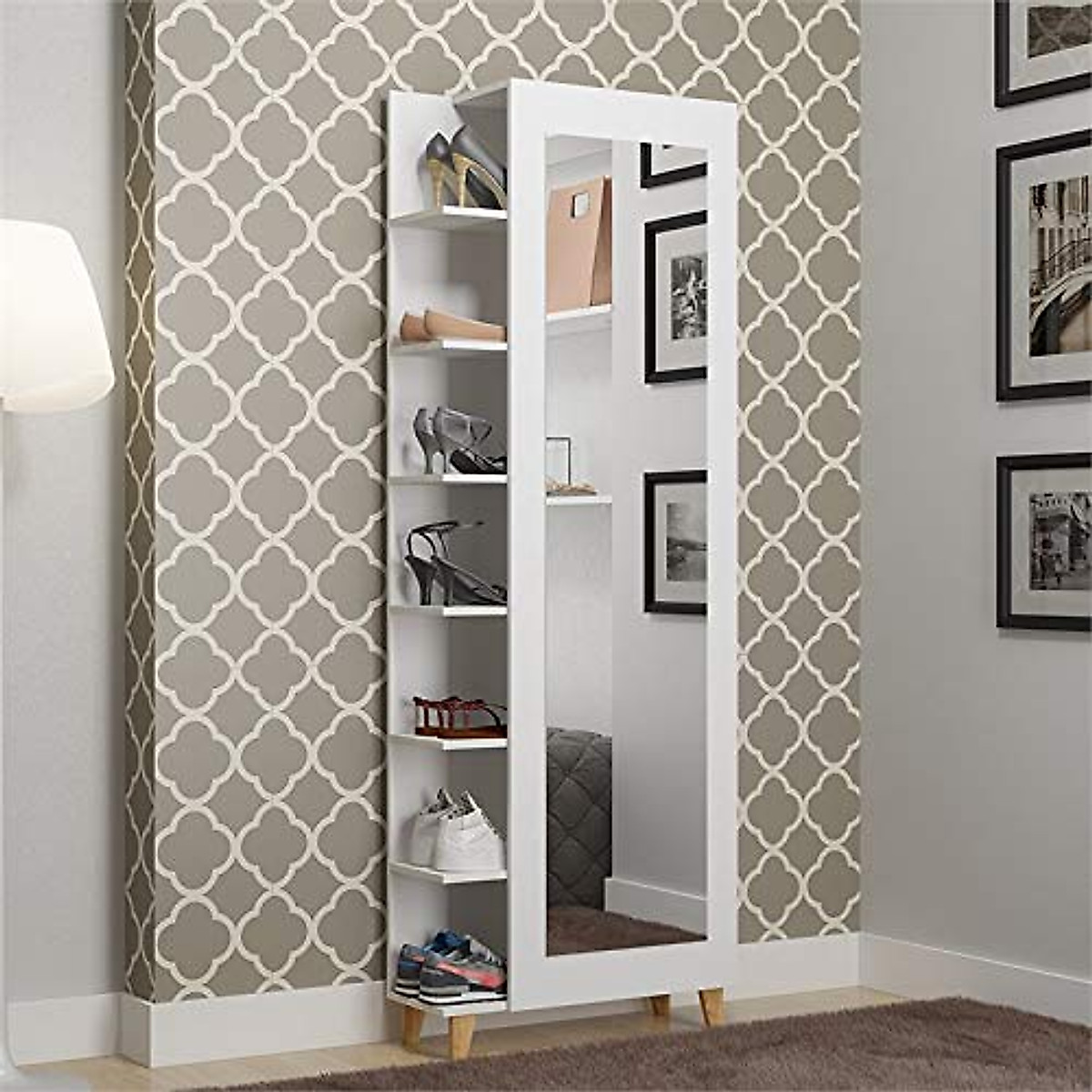 Pemberly Row Modern Wood 7 Shelf Shoe Rack with Mirror in White