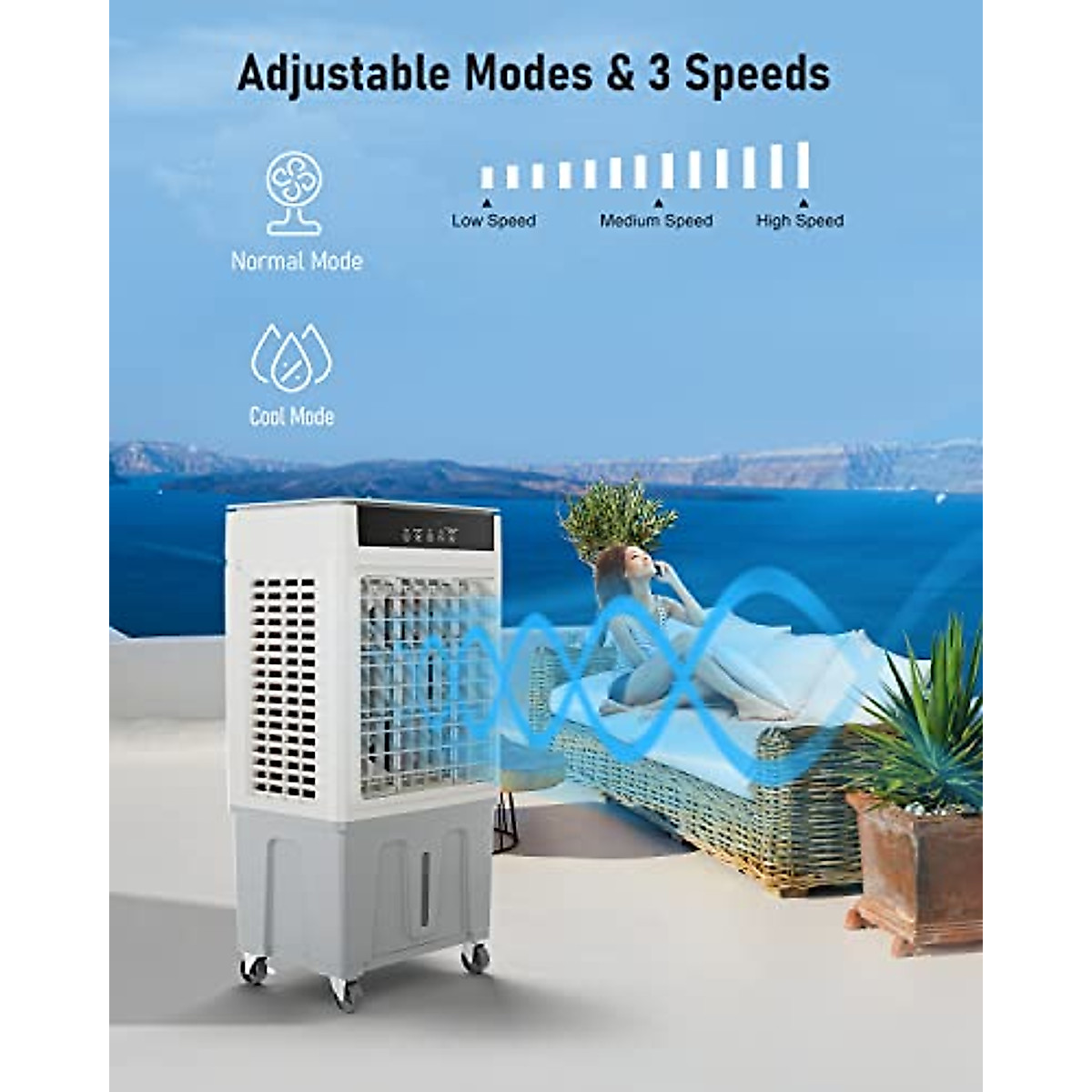 35’’ Portable Air Conditioner 3-IN-1 Evaporative Cooler, 30Ft Remote, 3 Speeds, 2800 CFM, 100 Degree Swing, 1050 sq. ft. coverage, 24H Timer, 6.8 Gallon Tank, 4 Ice Packs for Garage Patio Outdoor