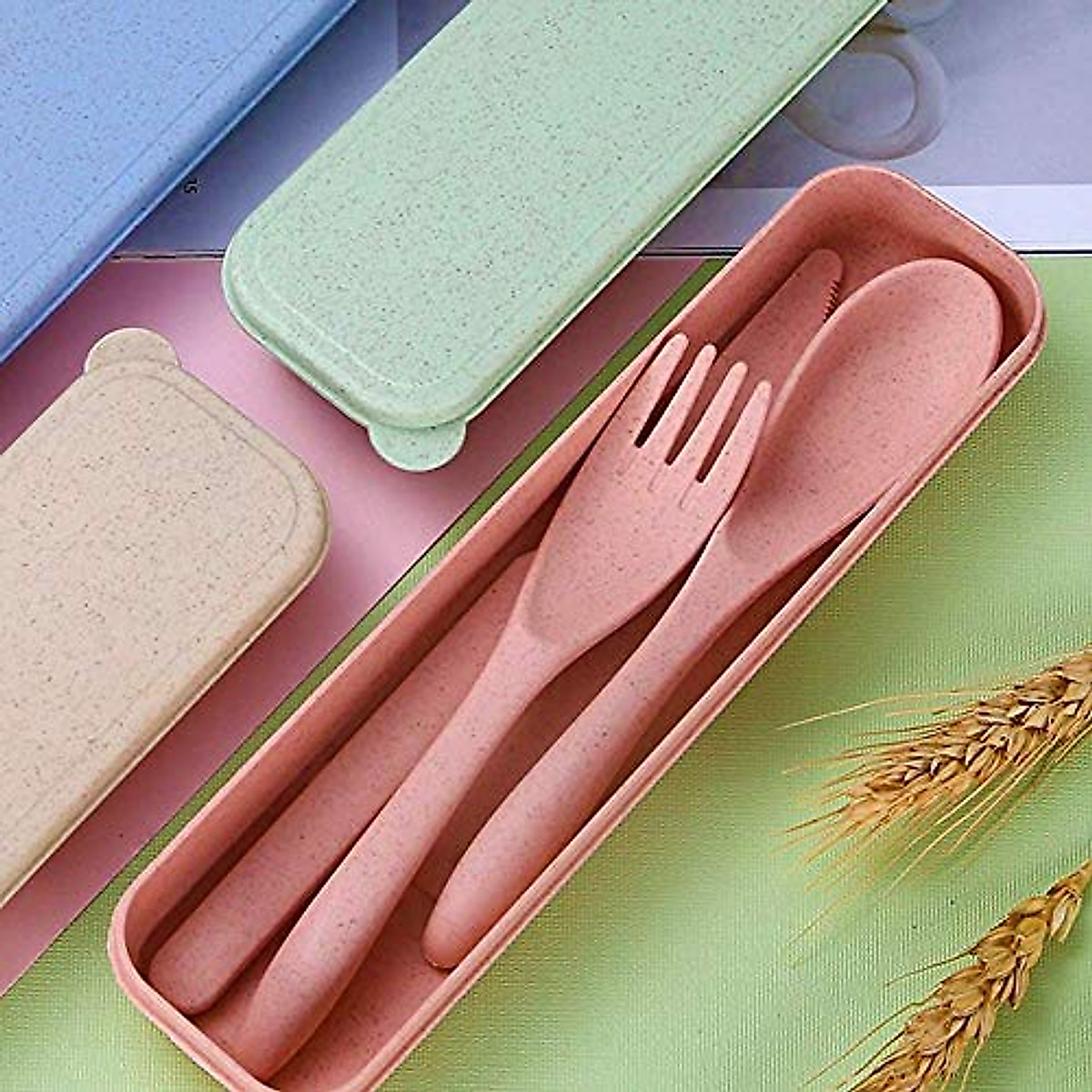 Travel Utensil Set with Case, 4 Sets Wheat Straw Reusable Spoon Knife Forks Tableware, Eco Friendly Non-toxin BPA Free Portable Cutlery for Travel Picnic Camping or Daily Use