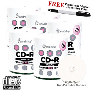 Smartbuy 500-disc 700mb/80min 52x CD-R White Top Blank Media Record Disc + Black Permanent Marker