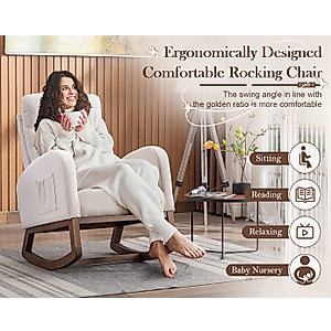 Antetek Modern Accent Rocking Chair, Upholstered Nursery Glider Rocker for Baby, Comfy Armchair with Side Pocket, Living Room Lounge Arm Chair, High Backrest with Headrest Shape Design (Light Beige)