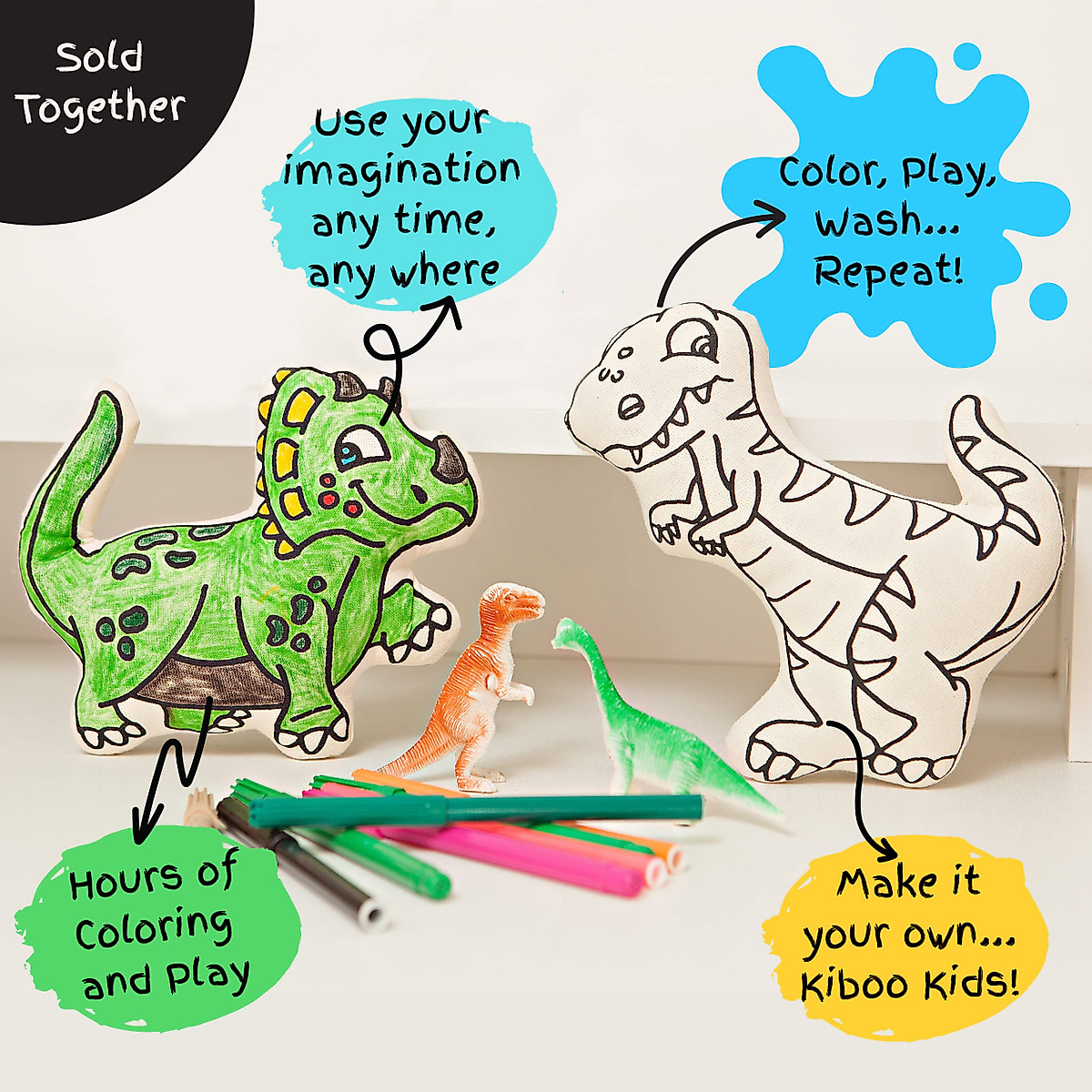 Kiboo Kids Dinosaur Toys for Coloring - T-Rex and Triceratops, Cotton Canvas, Washable Markers Included, Sustainable Toys, Educational Arts & Crafts for Parents, Grandparents, Gifts for Preschoolers
