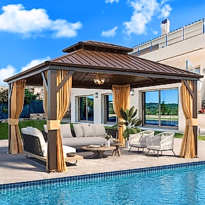 YOLENY 12' x 14' Gazebo, Hardtop Gazebo with Aluminum Frame, Double Galvanized Steel Roof, Curtains and Netting Included, Metal Gazebos Pergolas for Patios, Garden, Lawns, Parties