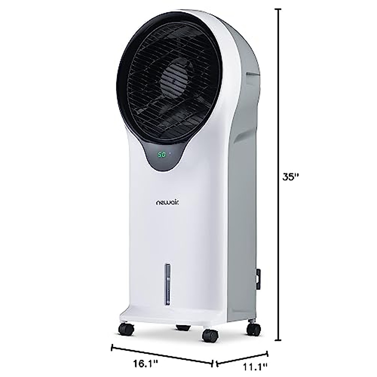 Newair Evaporative Cooler 470 CFM 250 sq. ft. Freestanding Home Air Cooler 3 Fan Speeds 1.45 Gallon Water Tank, White Easy Glide Wheels Remote Control Included