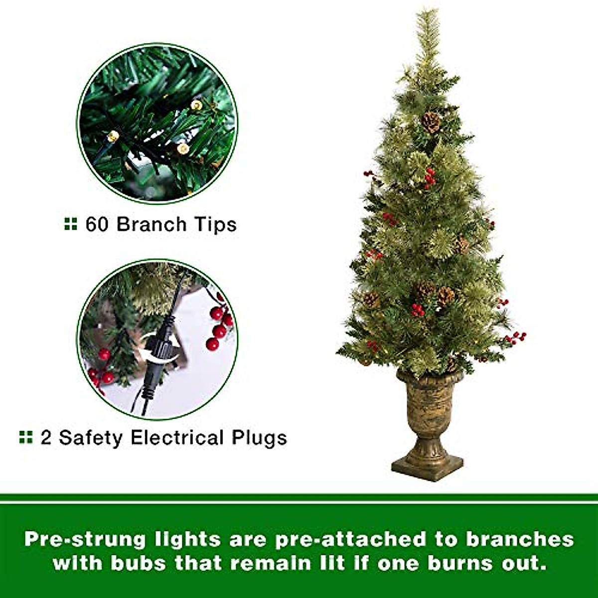 AsterOutdoor Pre-lit Christmas Tree 4ft Artificial Potted Fir with Lights Holly Berries Pine Cones Stands for Indoor Porch Table, Xmas Holiday Decoration, Easy Assembly