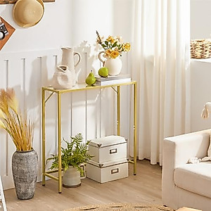 MAHANCRIS Slim Console Table, 27" Narrow Behind Sofa Table, Tempered Glass Entryway Table with Metal Frame, Adjustable Feet, Industrial Style, for Entrance, Living Room, Hallway, Glod CTJ68B01