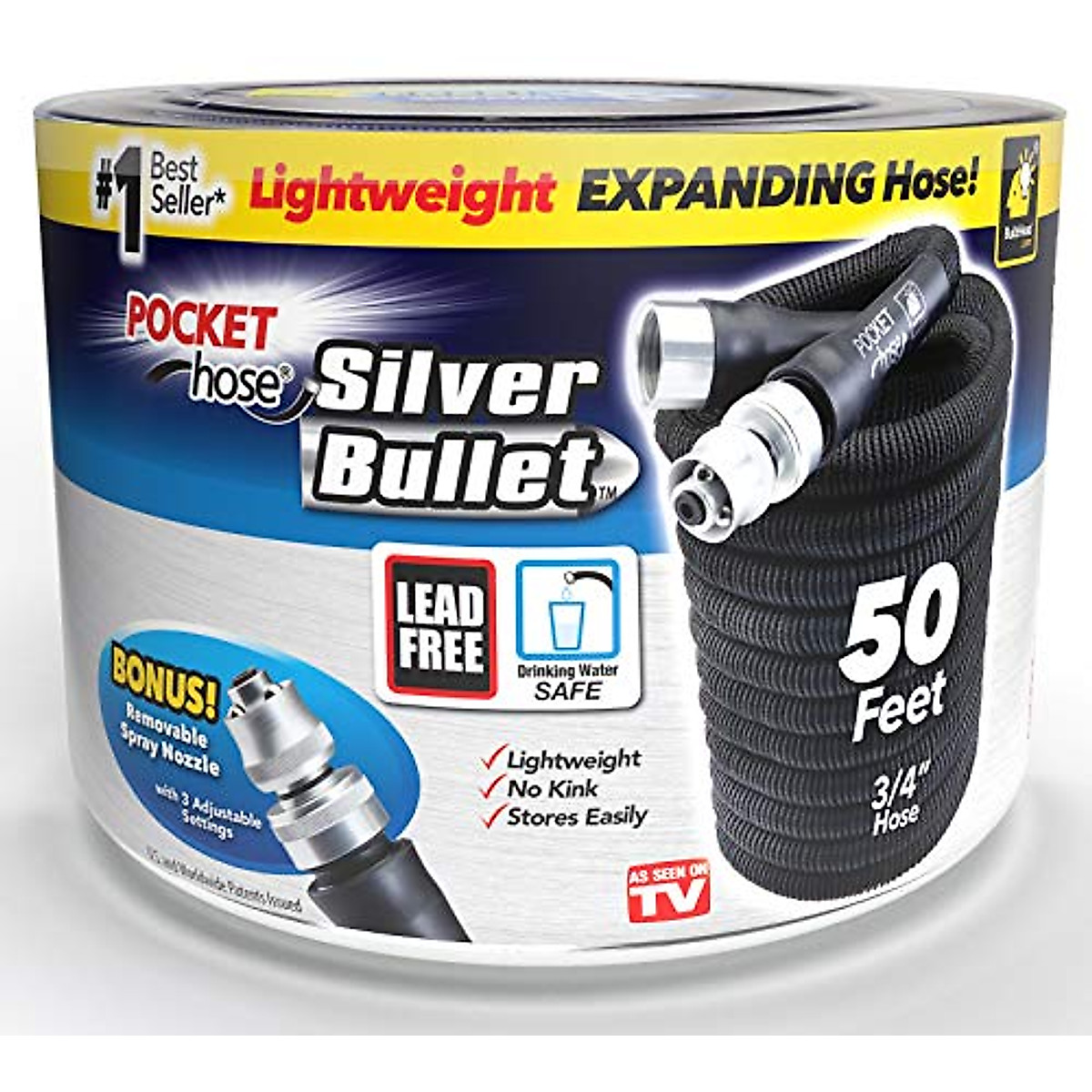 Pocket Hose Silver Bullet 50 ft Turbo Shot Nozzle Multiple Spray Patterns Expandable Garden Hose 3/4 in Solid Aluminum Fittings Lead-Free Lightweight and No-Kink,Black