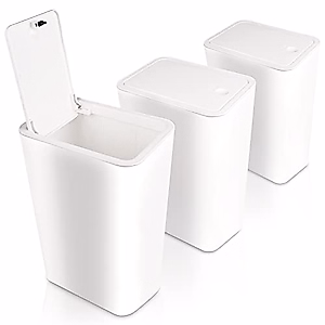 Odonata 3 Pack 10L / 2.6 Gallon Small Trash Can with Lid, Slim Garbage Can with Pop-Up Lid, Waste Basket for Bathroom, Kitchen, Bedroom, Powder Room, Craft Room, Office, College,RV.(Off White)