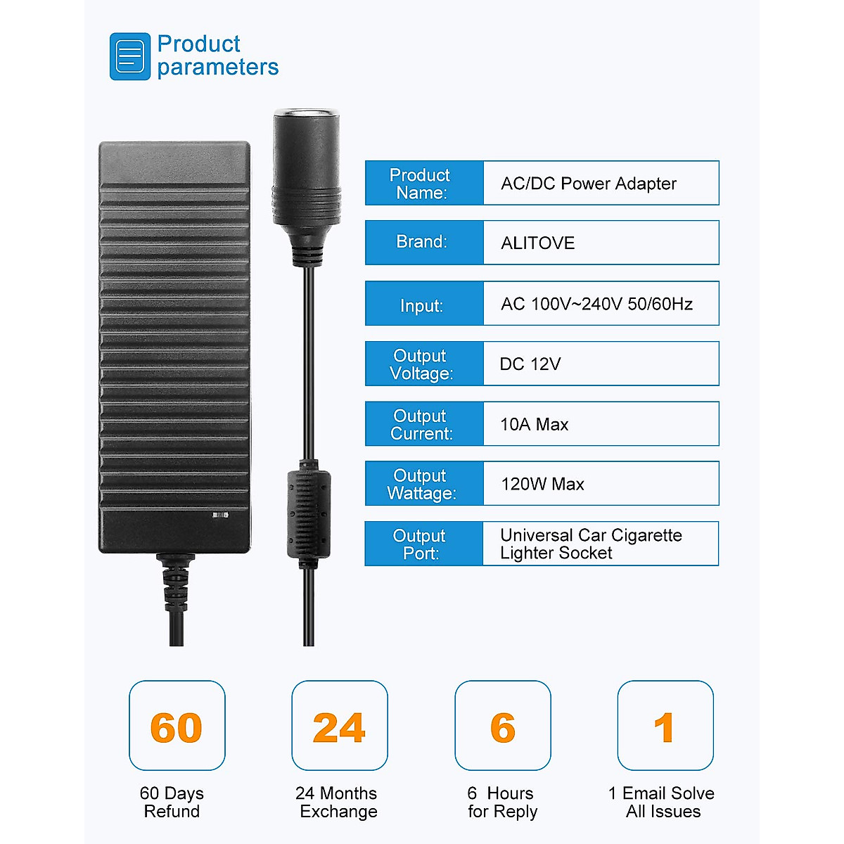 ALITOVE AC to DC Converter 100V ~ 240V to 12V 10A 120W Power Supply Adapter Car Cigarette Lighter Socket AC/DC Transformer for Car Vacuum Cleaner, Car Refrigerator and Other Car Devices