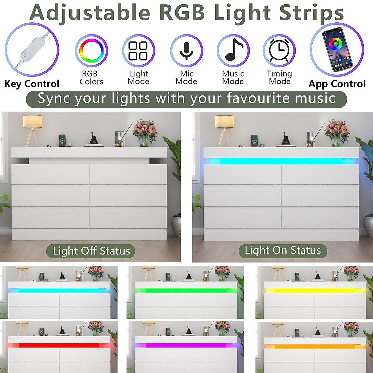 Gyfimoie 6 Drawer Dresser with Power Outlet, White Dresser with LED Light, Modern Chest of Drawers for Closet, Double Wide Drawer Organizer Cabinet for Bedroom, Living Room, Entryway, Hallway