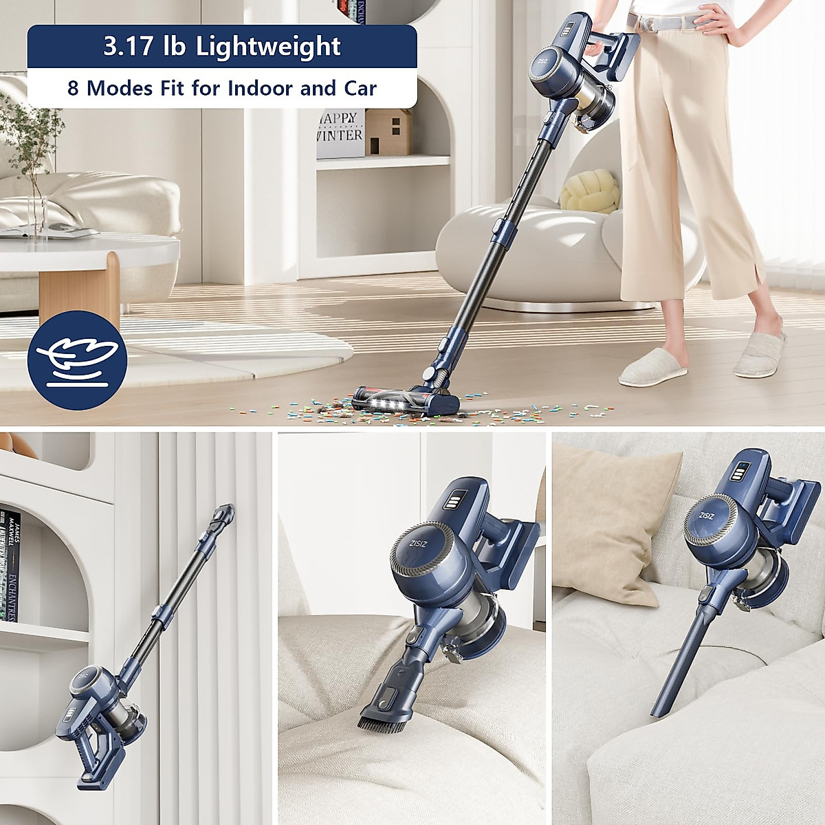Cordless Vacuum Cleaner, ZISIZ Stick Vacuum with Powerful Suction, 40Mins Rechargeable Vacuum, Lightweight Vacuum Cleaners for Home Pets Short Carpet