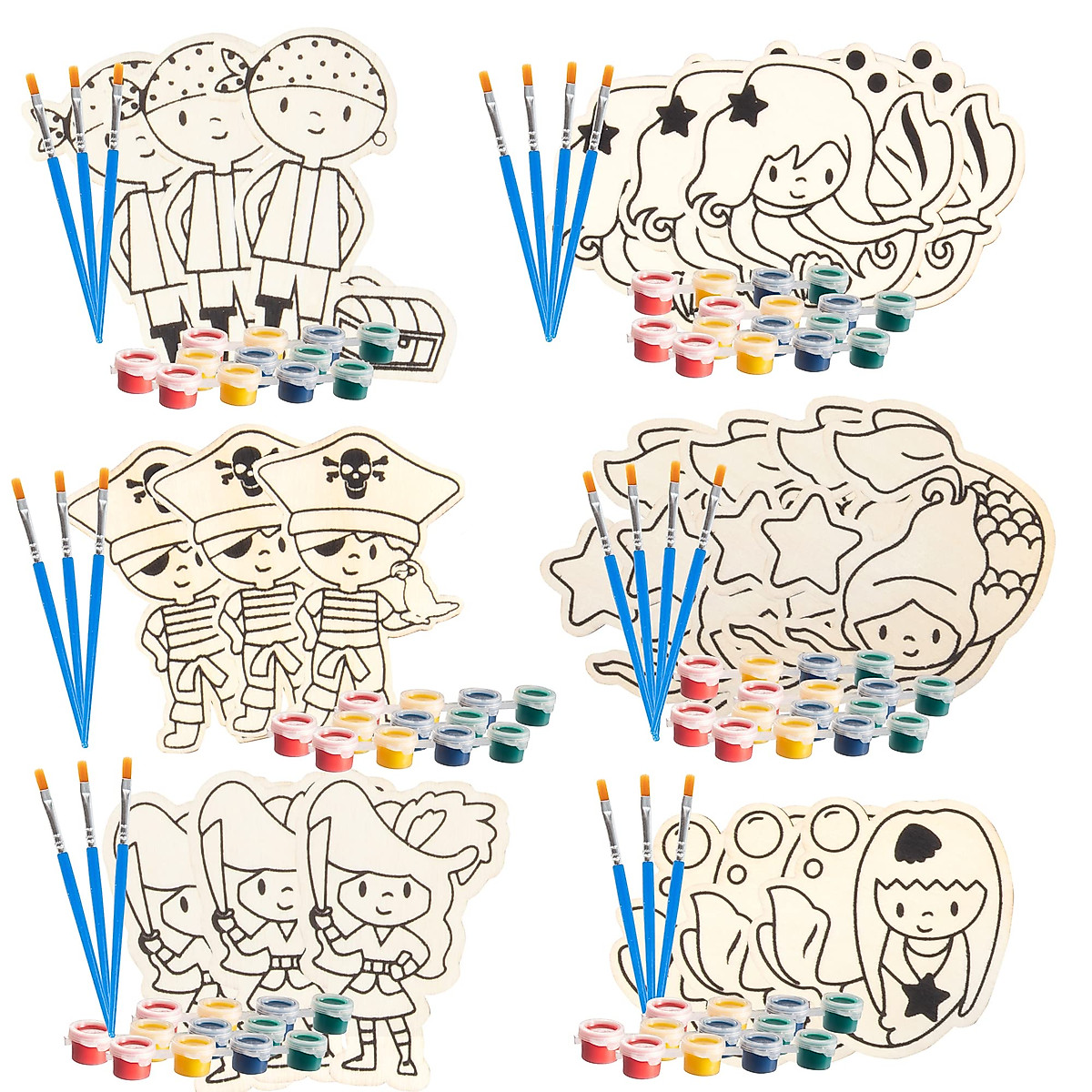 Mermaid & Pirate Wood Painting Kits (24 ct)- Perfect Goodie Bag Party Favors for Kids Birthday Party -Each has a Wood Craft, Paints, Brush & Sticker for Boys & Girls -Kids Multi-Item Party Favor Packs
