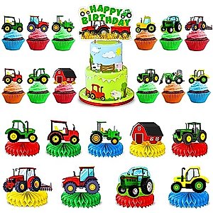 34 PCS Red Green Farm Tractor Table 9 PCS Honeycomb Centerpieces Themed Birthday And 25 PCS Cake Topper Cupcake Toppers Decorations Supplies Favors For Kids Boys Girls Teen Baby Shower Photo Booth