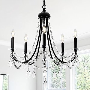 Senyshilon Black Crystal Chandeliers for Dining Room Light Fixtures Over Table, Farmhouse 5 Lights Rustic Candle Chandelier for Living Room Kitchen Island Bedroom Entryway