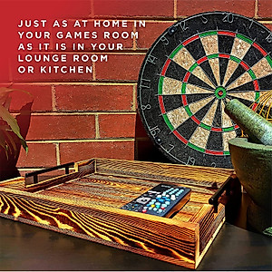 RustyEx Pine Wood Serving Tray - Metal Handles Rectangular Breakfast Tray 17x13x2 inches with Extra Bamboo Cutlery Sets, Rustic Coasters, Elegant Napkin Holders Good for Eating, Working, Storing