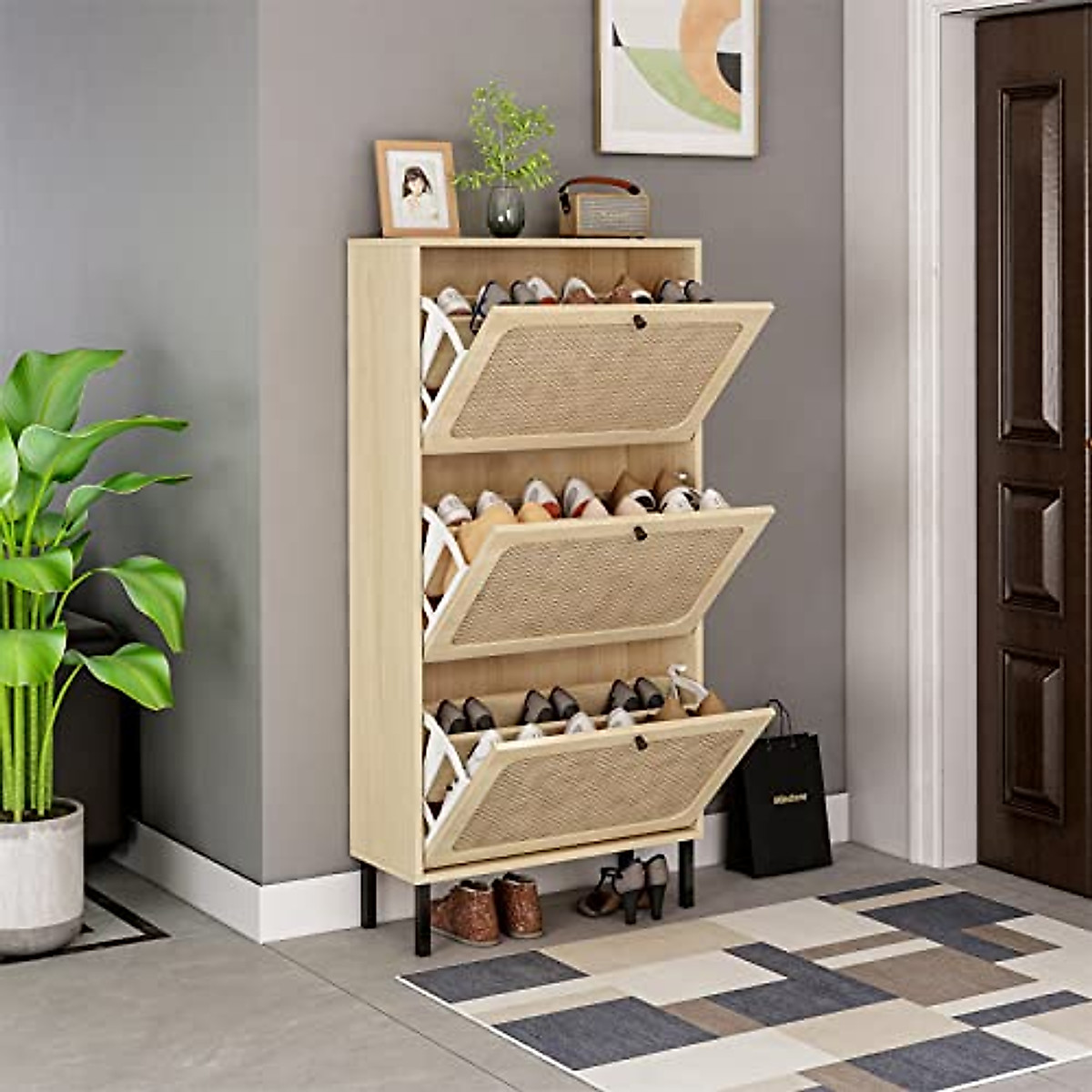 LKTART Natural Rattan Shoe Storage Cabinet 3-Tier Wood Shoe Rack Storage Organizer with Shelves for Entryway (Single)