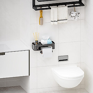 Necvha Toilet Paper Holder with Shelf, Easy to Install Adhesive Wall-Mounted Toilet Paper Holder, Sturdy and Durable Toilet Paper Shelf (Black)