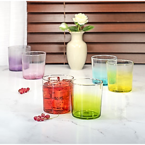 Red Co. Set of 6 Clear 11.75 Oz Rocks Lowball Glasses with Fading Multicolor Bases