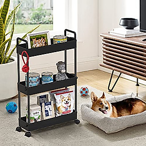 SOLEJAZZ Slim Storage Cart, 3 Tier Bathroom Cart Organizer Mobile Shelving Unit Rolling Utility Cart, Slide Out Organizer for Kitchen, Bathroom, Laundry, Narrow Places, Black