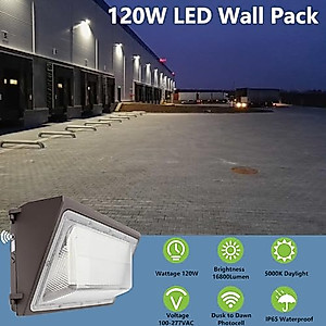 Dimmable 120W LED Wall Pack Light with Dusk to Dawn Photocell,16800LM Outdoor Security Lighting, Commercial Wall Mount Lights for Building