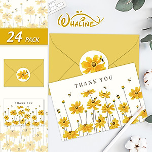 Whaline 24Pcs Floral Thank You Cards Flower Blank Greeting Cards Yellow Calliopsis Bee Note Cards with Envelopes Adhesive Stickers for Wedding Birthday Baby Shower Party Supplies, 4 x 6 Inch