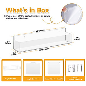 GTJ Acrylic Shelves, 4-Pack Spice Rack Wall Mount, Clear Book Shelves for Wall, Spice Organization, Vinyl Wall Mount, Cabinet, Pantry Door, Kitchen, Bedroom, Self-Adhesive and Drilling