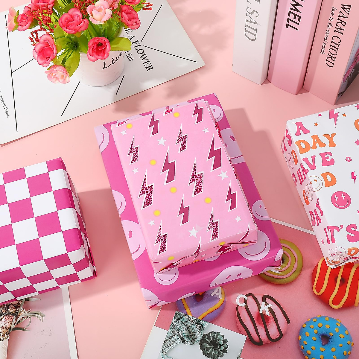 AnyDesign 12 Sheet Pink Preppy Wrapping Paper Smile Face Star Gift Wrap Paper Bulk Decorative Art Paper for Birthday Wedding Baby Shower DIY Crafts, 19.7 x 27.6 Inch, Folded Flat