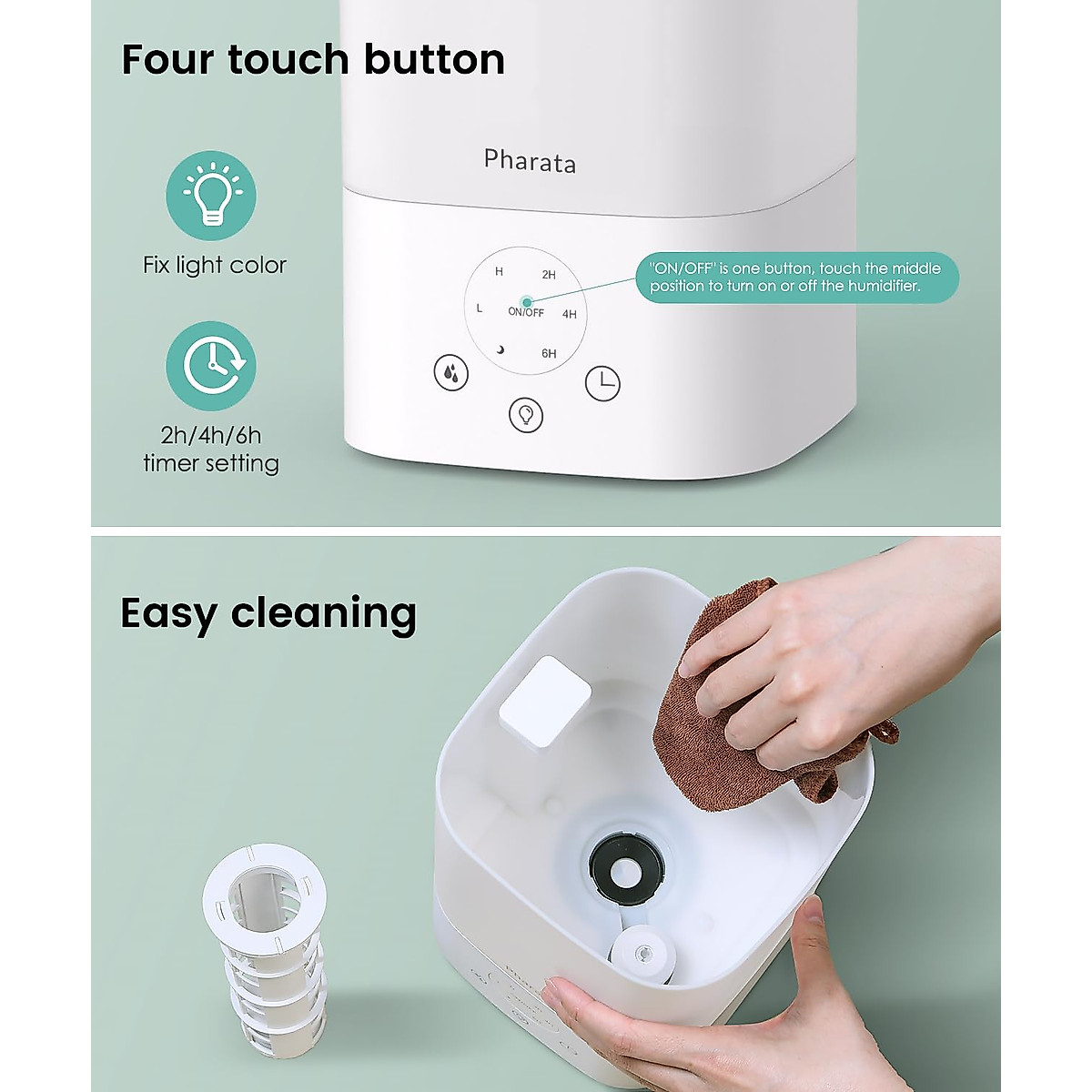 Pharata Humidifiers for Bedroom Baby, 3.5L Top Fill Air Humidifiers for Home, Ultrasonic Cool Mist Humidifiers for Large Room Indoor Plants Nursery, Night Light, White