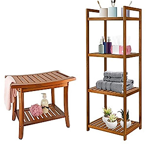 Utoplike Teak Shower Bench Seat with Handles and Teak Bathroom Shelf Organizer Freestanding Set
