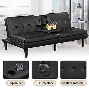 PrimeZone 69" W x 38" D x 29.5" H Futon Convertible Sofa Bed with USB & 2 Cupholders - Faux Leather Modern Memory Foam Sleeper Couch, Folding Loveseat for Apartment, Dorm, Office, Black