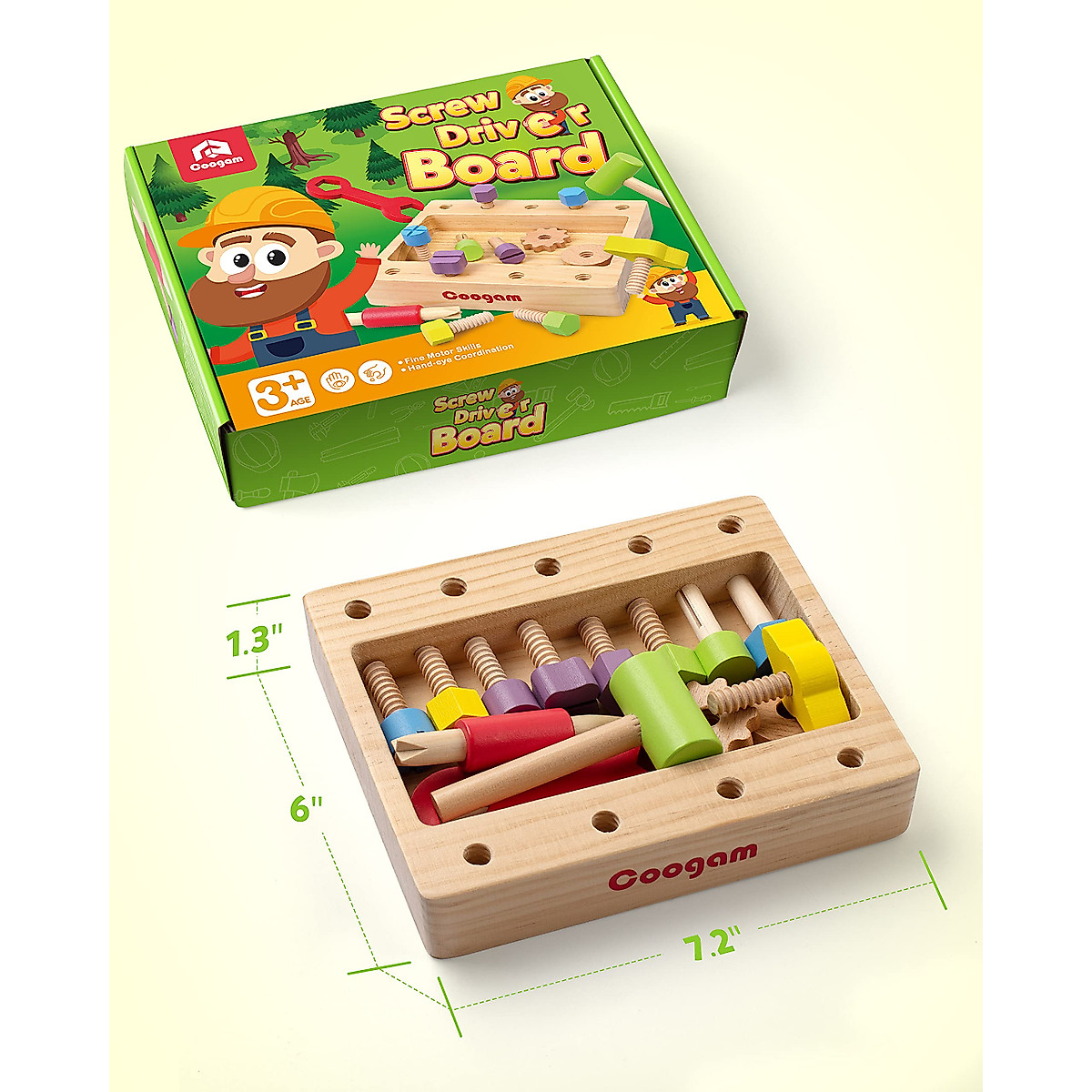 Coogam Wooden Tool Box, Toddler Fine Motor Skill Construction Building STEM Toy Set Nuts and Bolts Screw Driver Toolbox Kit Montessori Educational Gift for Preschool Year Old Kids