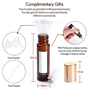 PrettyCare Roller bottles for oils 10ml (Amber Glass, 24 pack, 4 Extra Stainless Steel Balls, 48 Labels, Openers, 2 Funnels, 2 Droppers Roller Balls For Essential Oil Roller Bottles