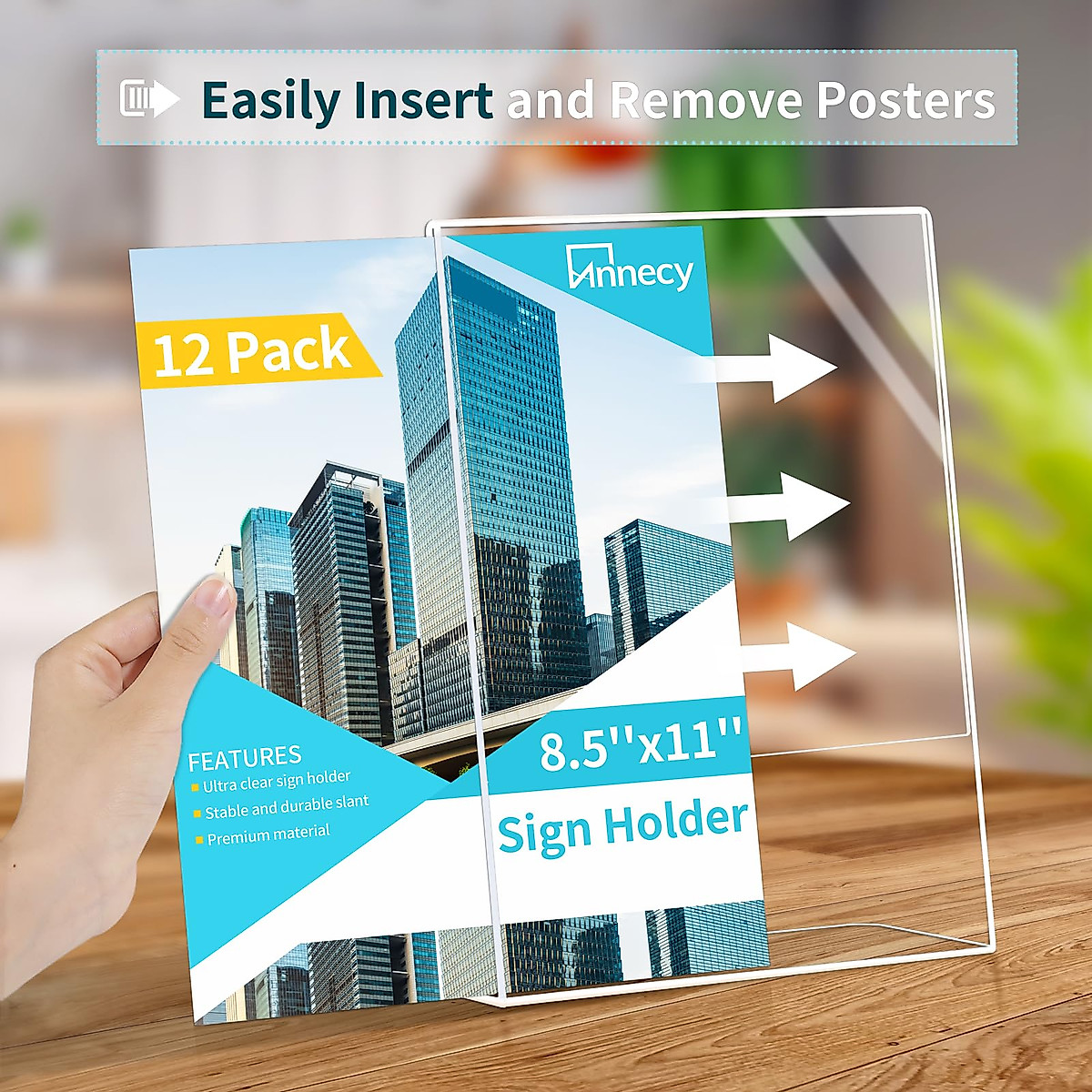 Annecy Sign Holder 8.5 x 11, 12 Packs Sign Stand for Display, L Shape Plastic Clear Sign Holder 8.5x11 Standing Vertical Menu Flyer Holder, Frames Table Signs for Stores, Restaurants, Hotels, Office