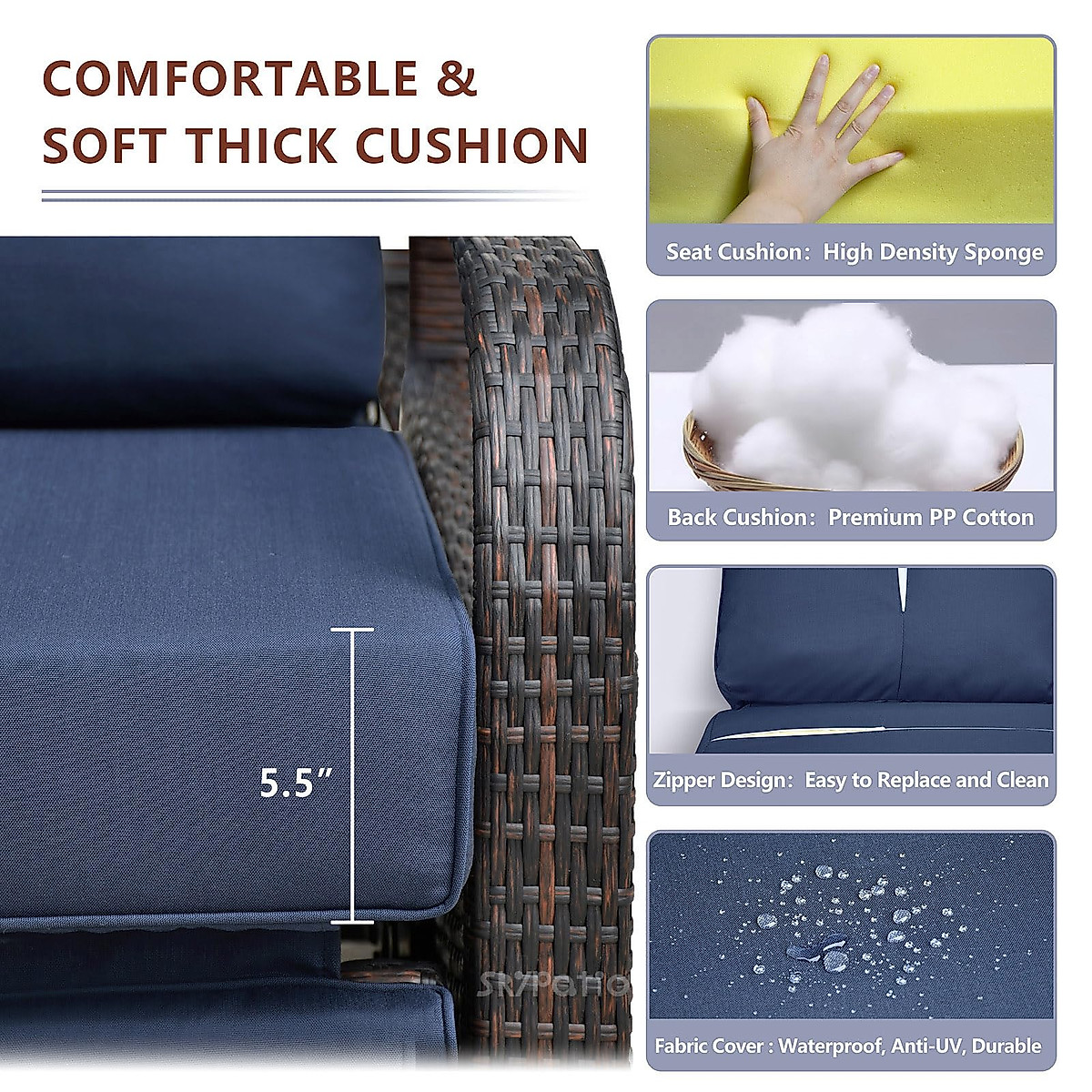 Skypatio Oversized Indoor & Outdoor Wicker Recliner, Adjustable All-Weather Wicker Patio Reclining Chair, Aluminum Patio Rattan Armchair with Thick Cushion