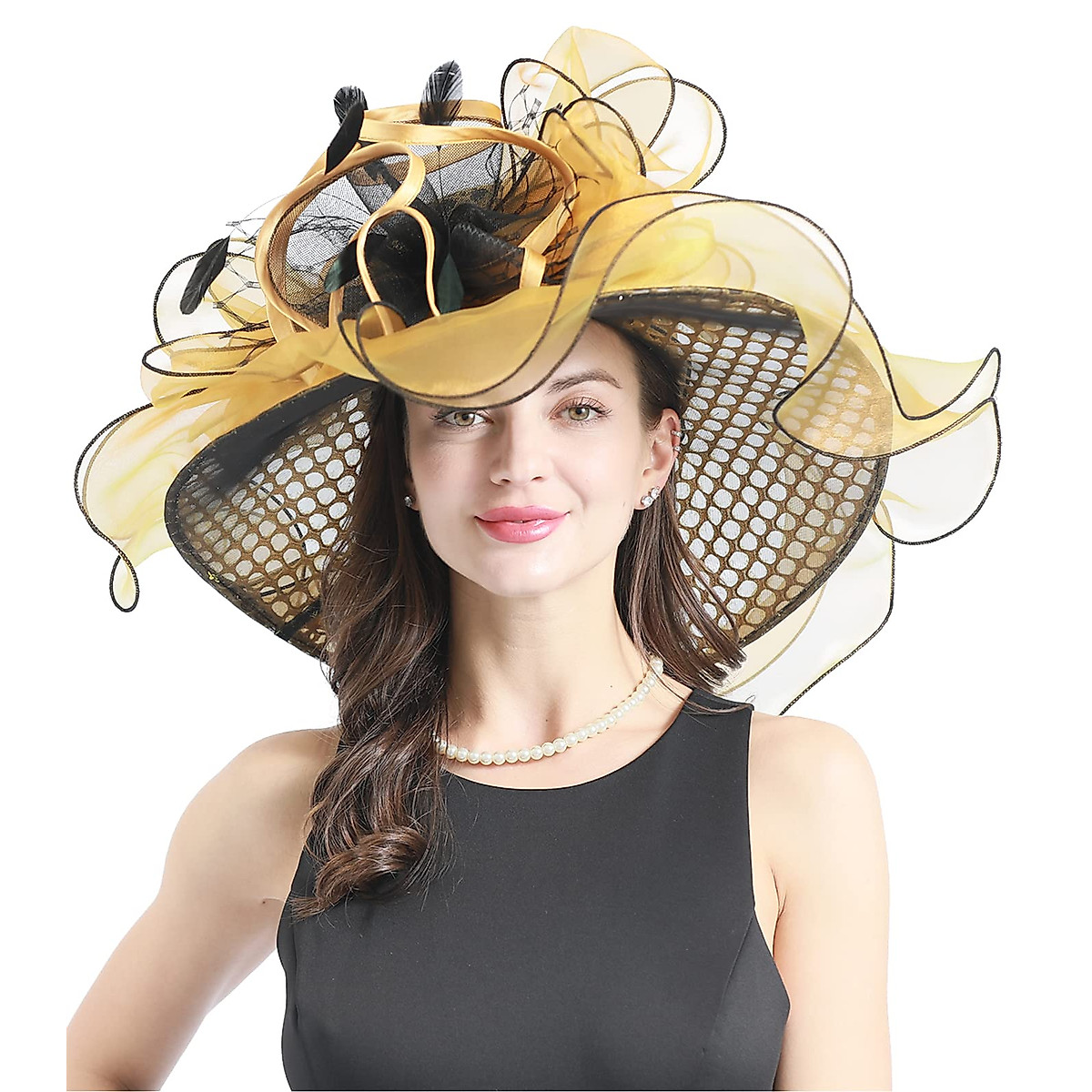 TLMNU Women Derby Church Hat Organza Flower Wedding Tea Party Fascinator Hat Wide Brim Sun Hat F5-Golden Hole