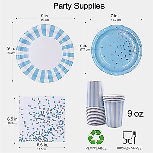 Blue Striped Birthday Party Supplies, Baby Shower Dinnerware Set, Paper Plates, Napkins, Cups and Wooden Cutlery (Serves 24, 192 Pieces), MP03