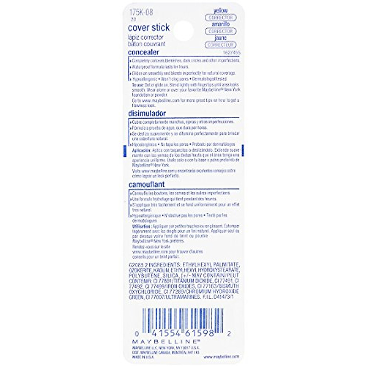 Maybelline New York Cover Stick Corrector Concealer, Yellow Corrects Dark Circles, 0.16 oz.