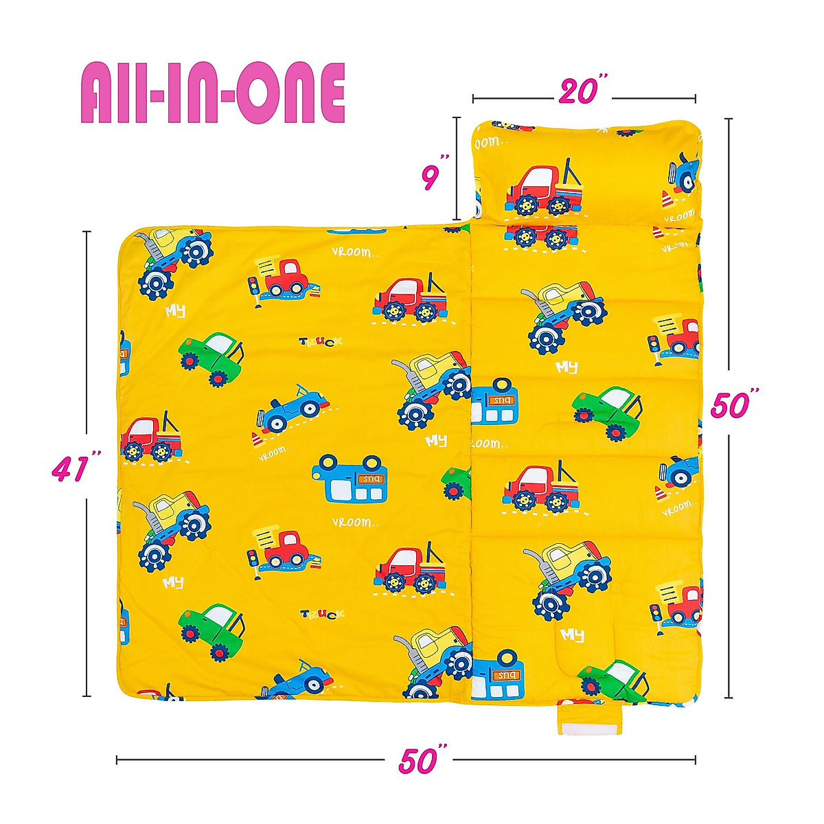 Rossison Nap Mat with Pillow and Blanket 100% Cotton with Microfiber Fill, Padded Sleeping Mat, for Daycare Preschool Toddler Prek Boys Kids (Tractor, Standard-50 x20)