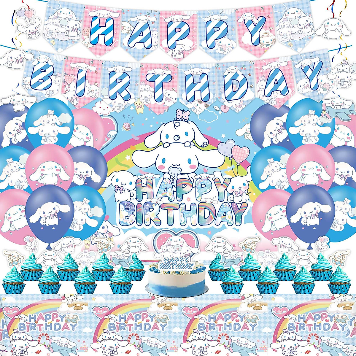 Kawaii Birthday Party Supplies Decorations Include Happy Birthday Banner, Balloon, Backdrop, Tablecloth, Hanging Swirls for Girls Birthday Party Supplies