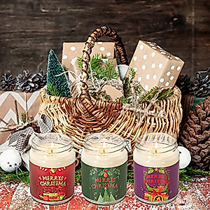 Merry Christmas Candles for Women Home Gift Set, 4 Packs Soy Wax Candles, Apple & Cinnamon, Lavender, Vanilla and Cedar Scented Glass Jar Candles for Holiday Party, 35Hr Long Burning