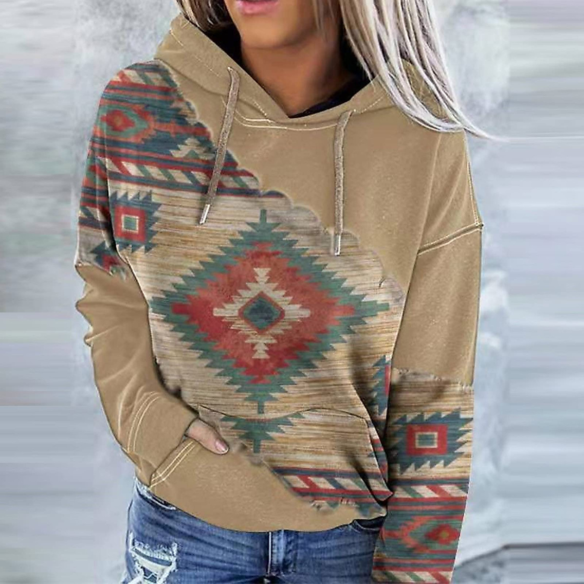 ZDRZK hoodies for women trendy plus size Womens Long Sleeve Hooded Sweatshirt Trendy 2023 Western Aztec Print Pullover Hoodies Casual y2k Clothes Khaki S