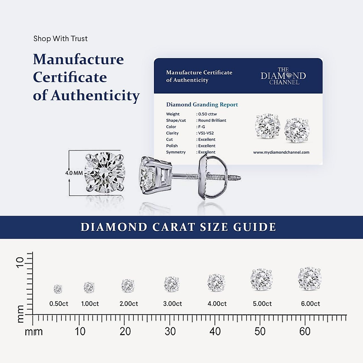 The Diamond Channel 0.50-6 CARAT Lab Diamond Stud Earrings for Women 14 Karat Gold Round Earrings 4 Prong Setting with Screw Back and Posts Studs (F-G Color, VS1-VS2 Clarity) (1.00 cttw, white-gold)