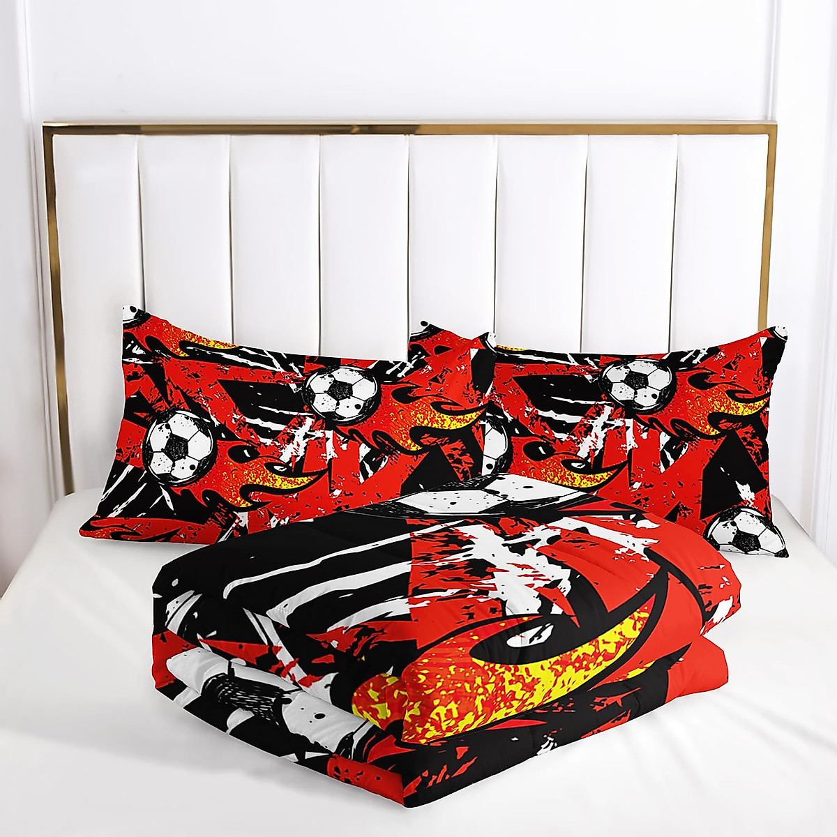 AILONEN Soccer Comforter Set Full Size, Red Flame Black Basketball Pattern Bed in a Bag for Boys Teens Kids Men,Comic Soccer Sports Theme Quilt Set,1 Quilt and 2 Pillowcases,3 Pieces