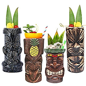 Tiki Mugs Cocktail Set of 4 - Large Tumblers Ceramic Hawaiian Luau Party Mugs Drinkware, Cute Exotic Cocktail Glasses, Tiki Bar Professional Hawaiian Party Barware, TKSET0005