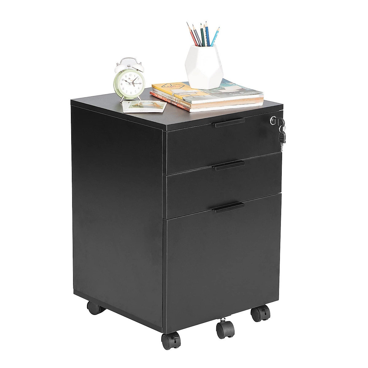 JJS 3-drawer Rolling Wood File Cabinet with Lock Brown