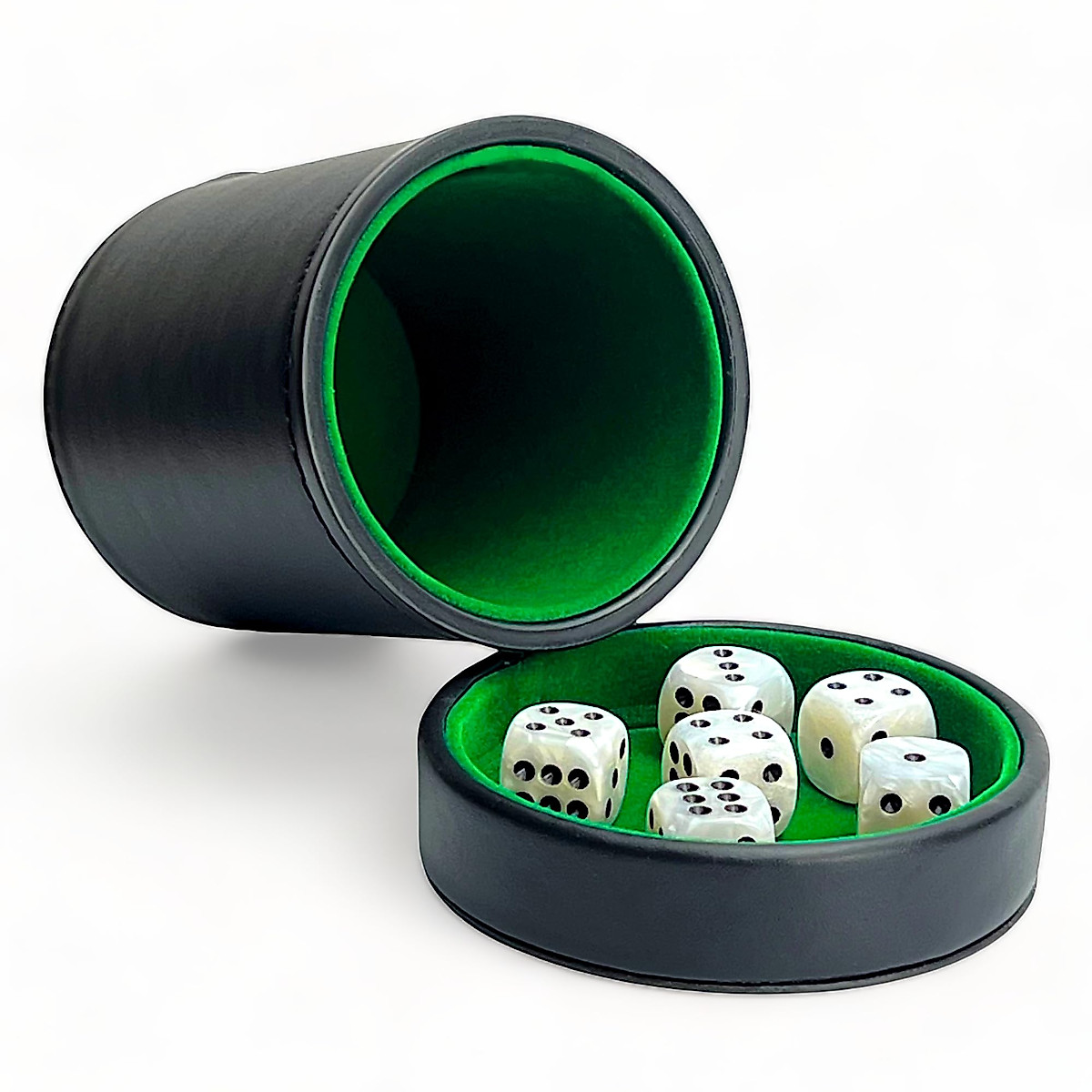 Luck Lab Black Leather Dice Cup with Lid Including 6 Matching Pearl Dice - Green Velvet Interior for Quiet Shaking - Use for Liars Dice Farkle Yahtzee Board Games