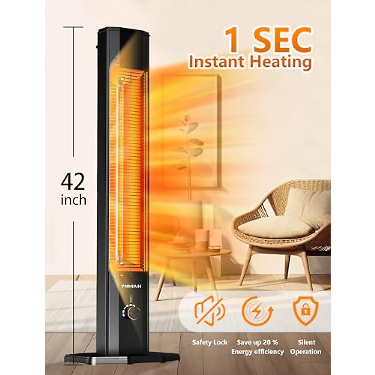 Outdoor Electric Patio Heater, Haimmy 42in Infrared Heater with Remote, 9 Heat Levels, 9H Timers, 1500W Instant Heating, Safety Lock, Tip-Over & Overheat Protection, IPX5 Waterproof Tower Space Heater