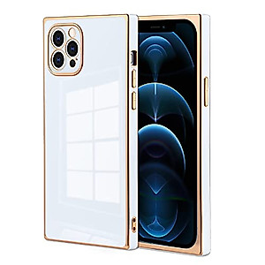 OOK Compatible with iPhone 13 Pro Max Case Square Cute Gold Plating Reinforced Corners Soft TPU Edge Slim Full-Body Shockproof Protective Case Cover for iPhone 13 Pro Max 6.7 Inch - White