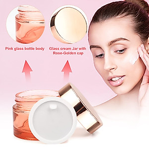 Pink Glass Cream Jar,4 Pack 1.7 oz/50g Face Lotion Jar Pot,Empty Refillable Glass Cosmetic Cream Bottle Container With Rose-Golden Cover,Inner Liners for Moisturizer,Eyeshadow,Makeup Emulsion