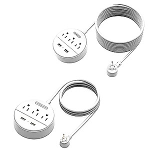 NTONPOWER Flat Plug Power Strip Bundle, 2 Outlets 3 USB Compact Power Strip with 10ft and 15 ft Extra Long Extension Cord, Right Angle Plug for Office, Home, Nightstand, Dorm Essentials